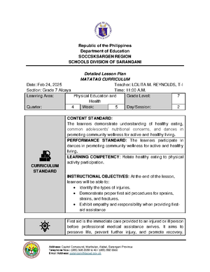LP1 PEH 7 Q4 - Lesson Plan: First Aid for Grade 7 Students - Studocu