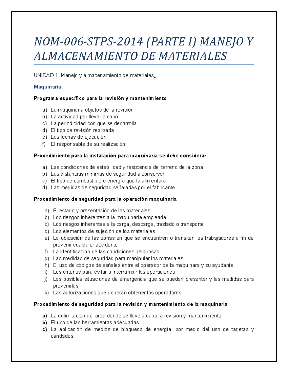 U1 - NOM-006-STPS-2014: Resumen sobre Manejo y Almacenamiento de Materiales - Studocu