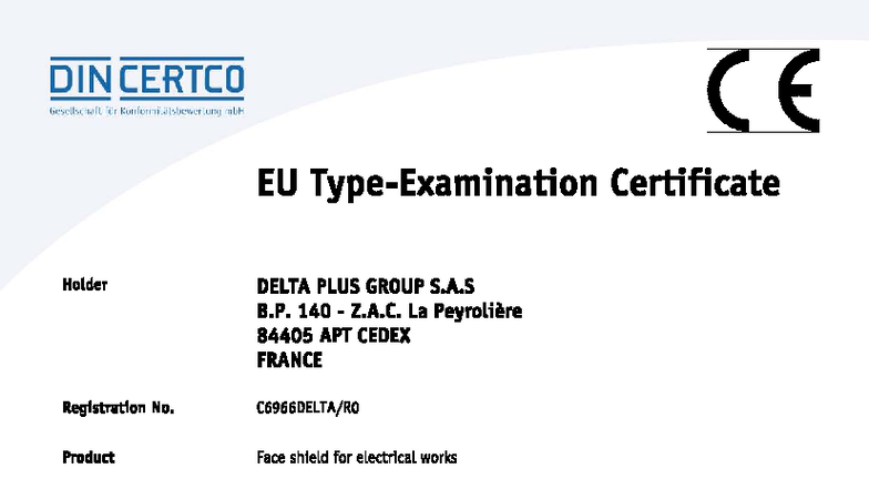 DIN CERTCO CE Certificate for DELTA PLUS GROUP Face Shield (VISOR FLASH ...