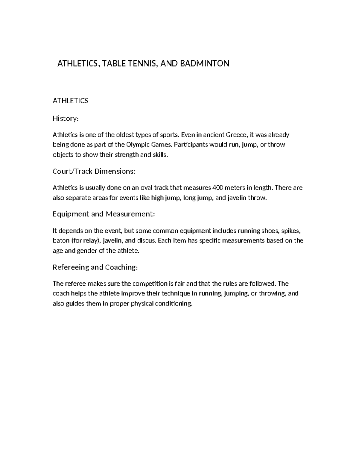 ATHLETICS, TABLE TENNIS, & BADMINTON: A Comprehensive Overview - Studocu