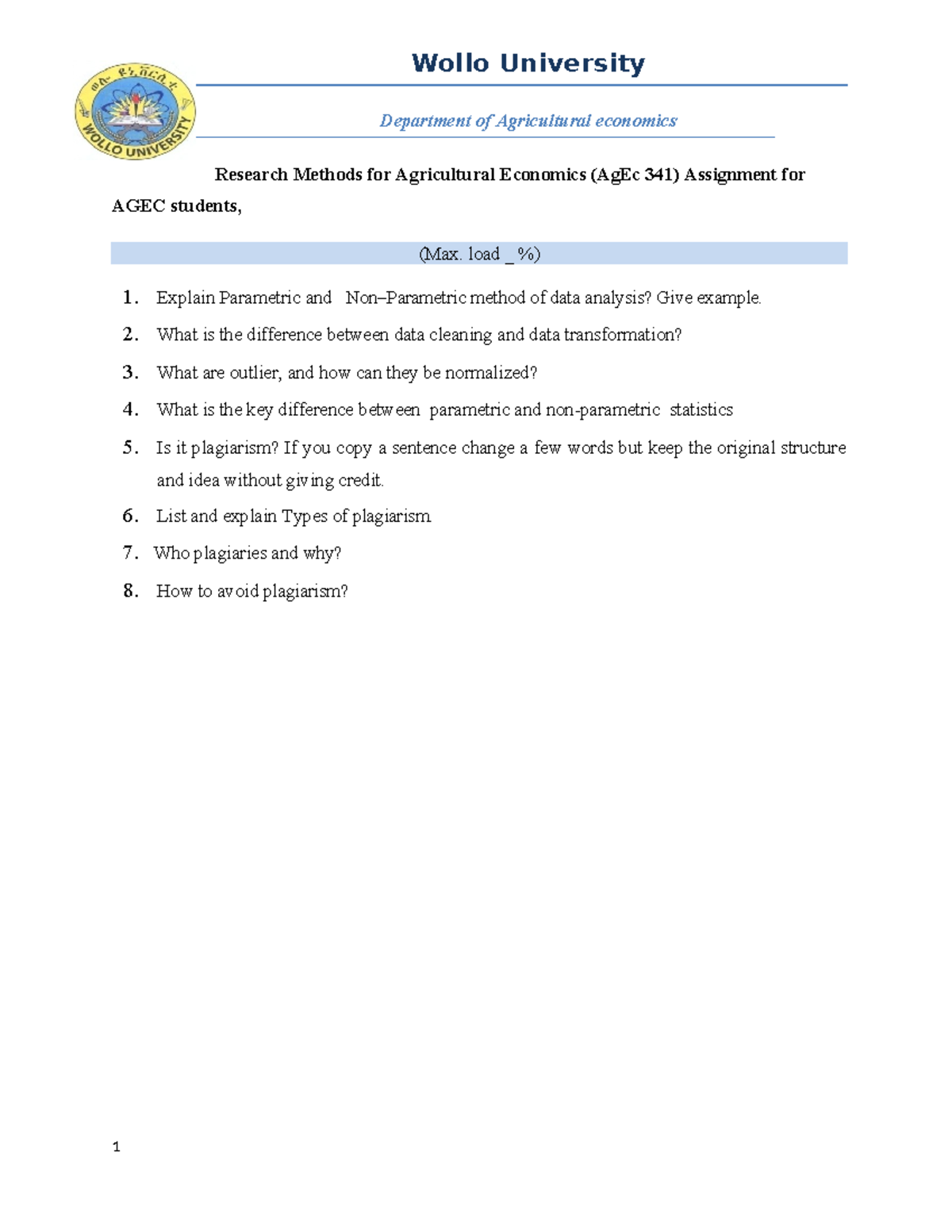 AGEC 341 Research Methods Assignment: Data Analysis & Plagiarism - Studocu