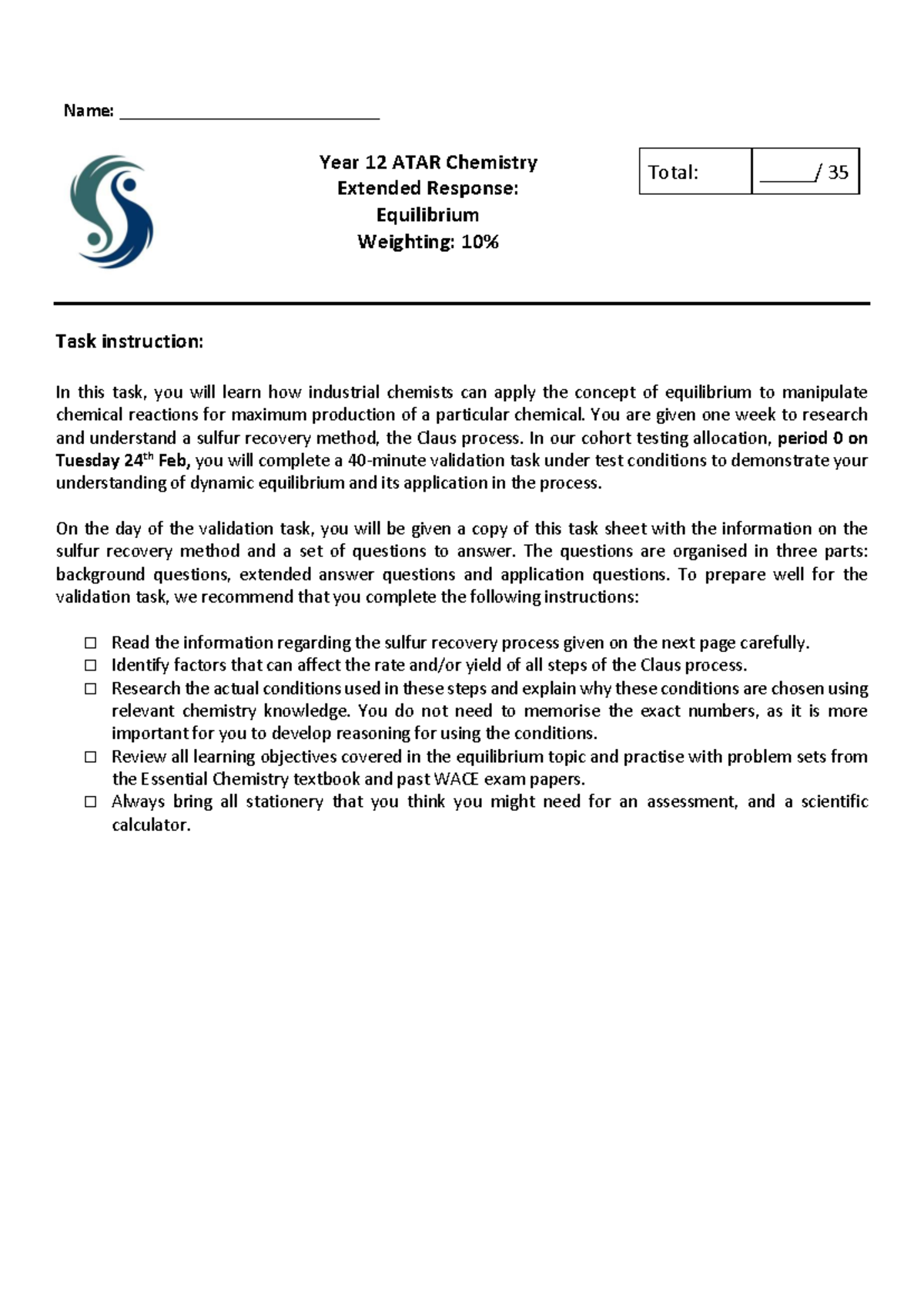 2026 Year 12 ATAR Chemistry ER: Equilibrium Task Sheet - Studocu