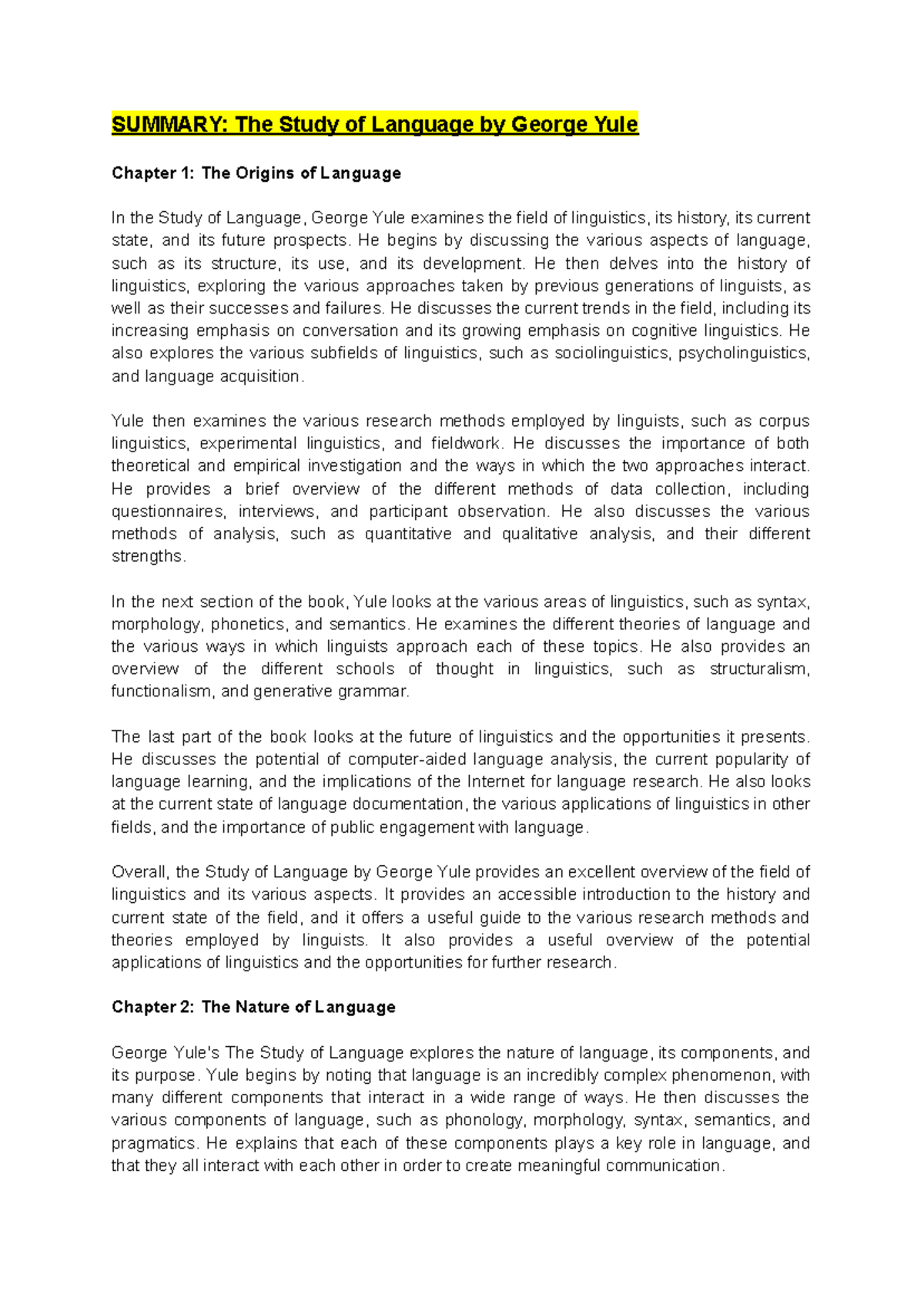 Summary of The Study of Language by George Yule - An Overview - Studocu