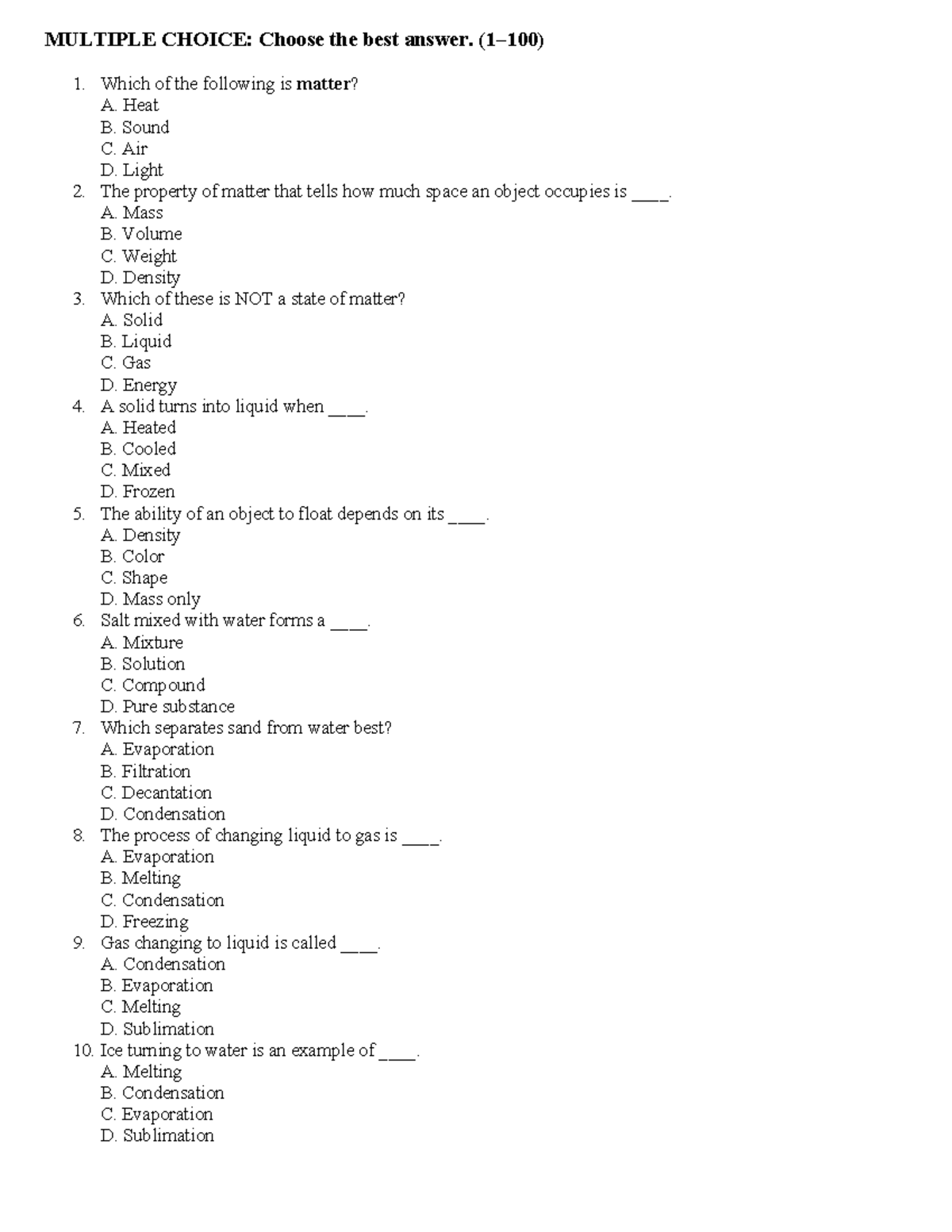 Multiple Choice Questions: Science Concepts Review - Studocu