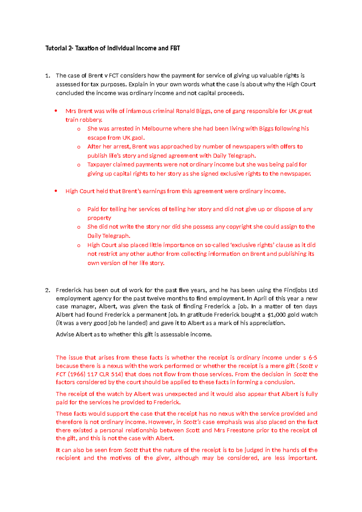 Tutorial 2 Answers - FBT: Taxation of Individual Income and Case Studies - Studocu