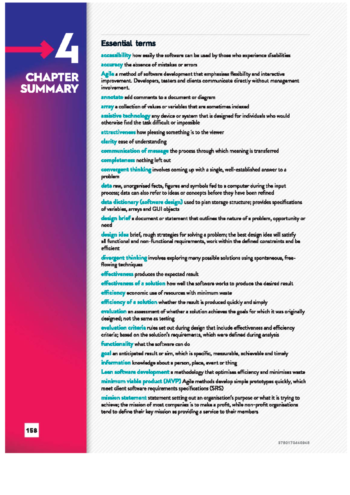 Chapter 4 Summary: Key Concepts in Software Development (VCE) - Studocu