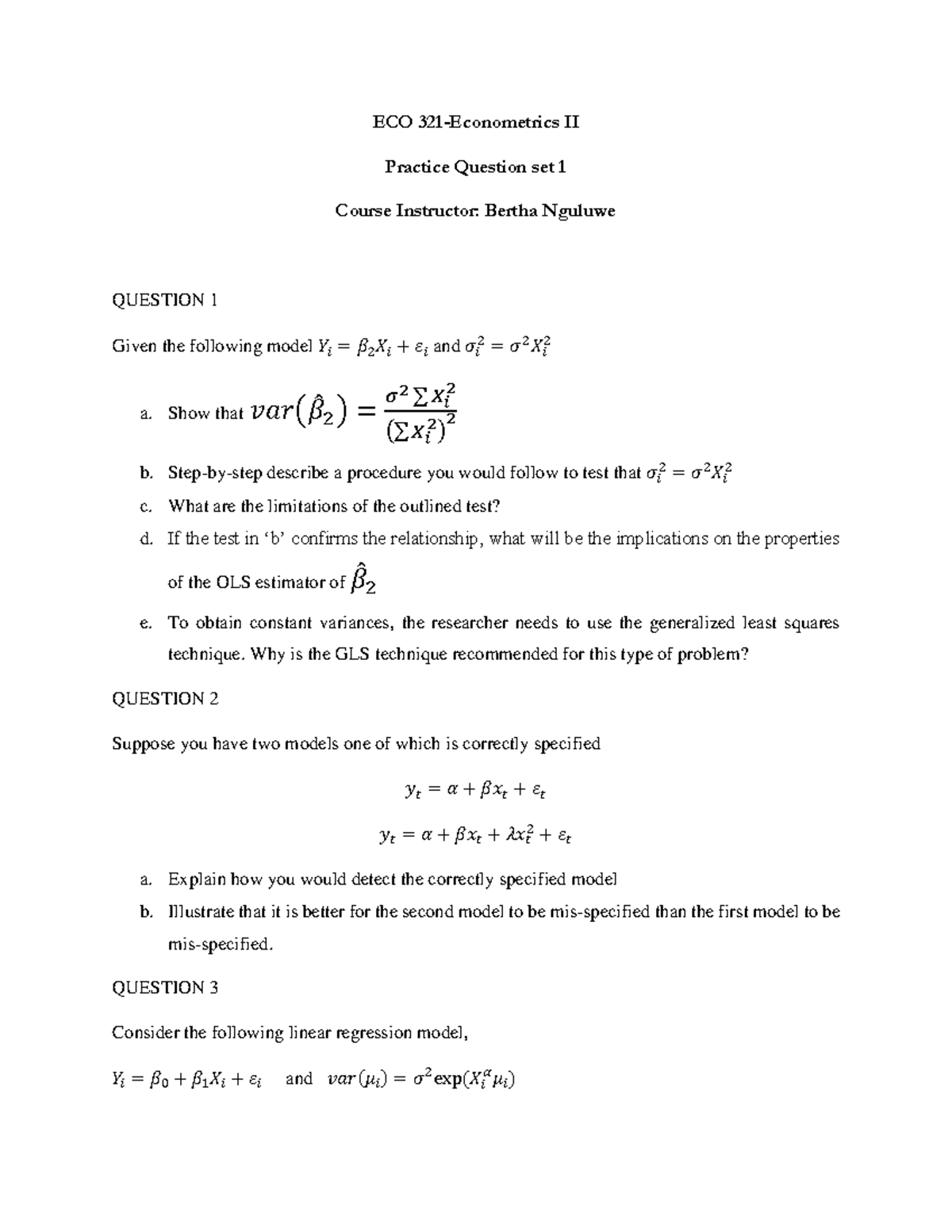 ECO 3 21 - Econometrics II Tutorial 1: Practice Questions & Answers ...