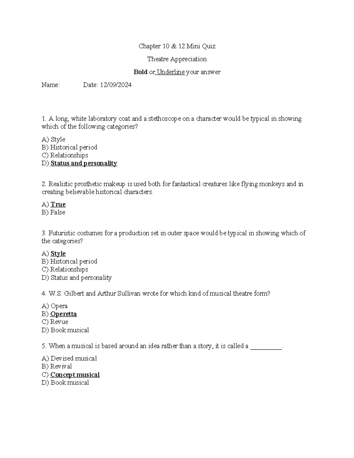 Mini Quiz 3 for Theatre Appreciation: Chapters 10 & 12 Review - Studocu