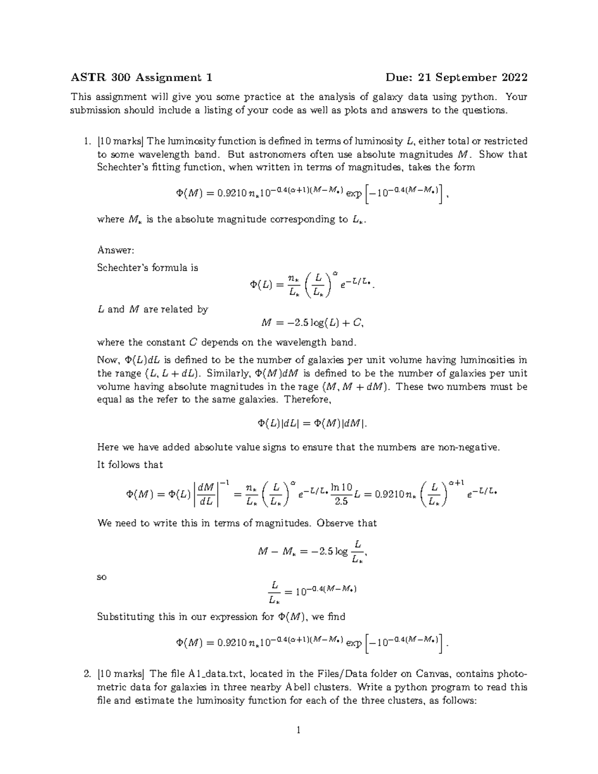 ASTR 300 Assignment 1: Analyzing Schechter Function in Galaxies - Studocu