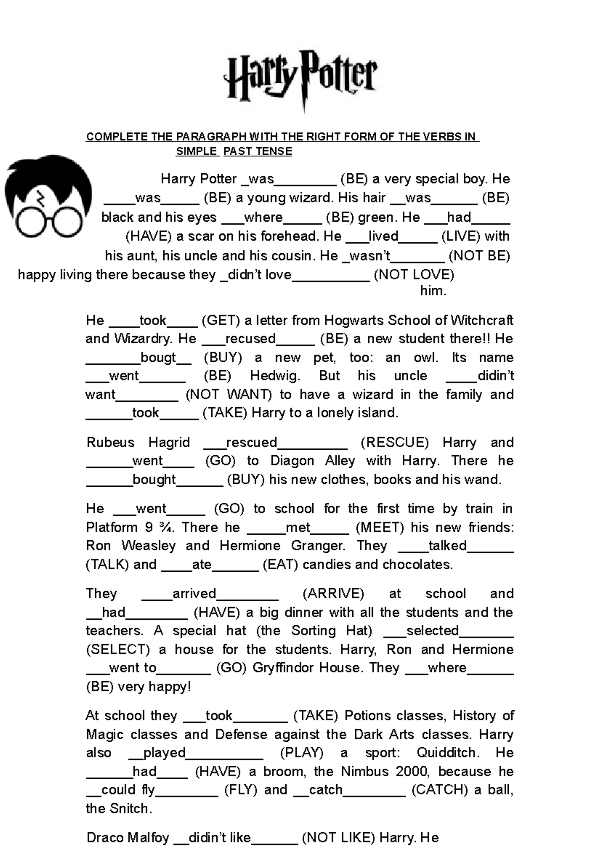 Harry Potter Act - Ejercicio: Verbs in Simple Past Tense - Studocu