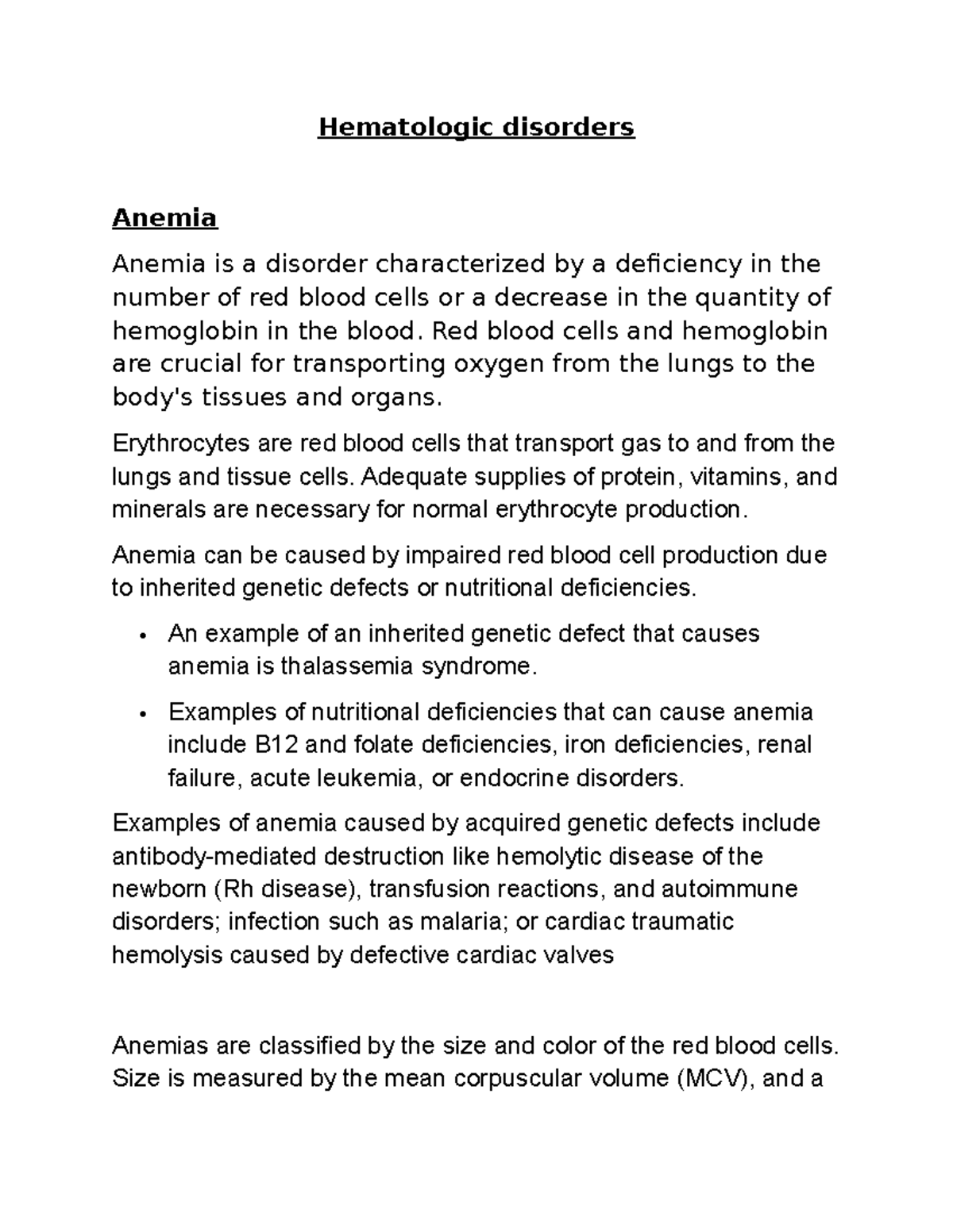Hematologic Disorders: Understanding Anemias and Their Management - Studocu