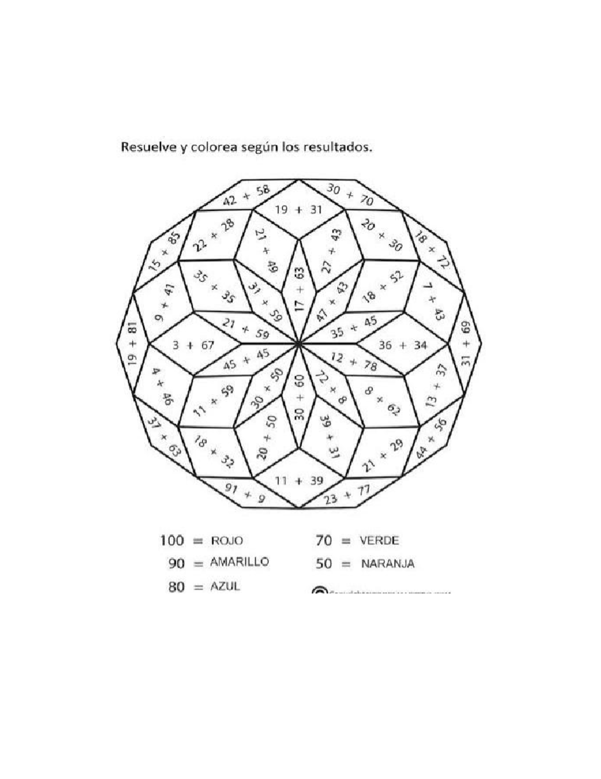 Resuelve y Colorea: Actividad de Matemáticas 58 42 + 30 X 70 - Studocu