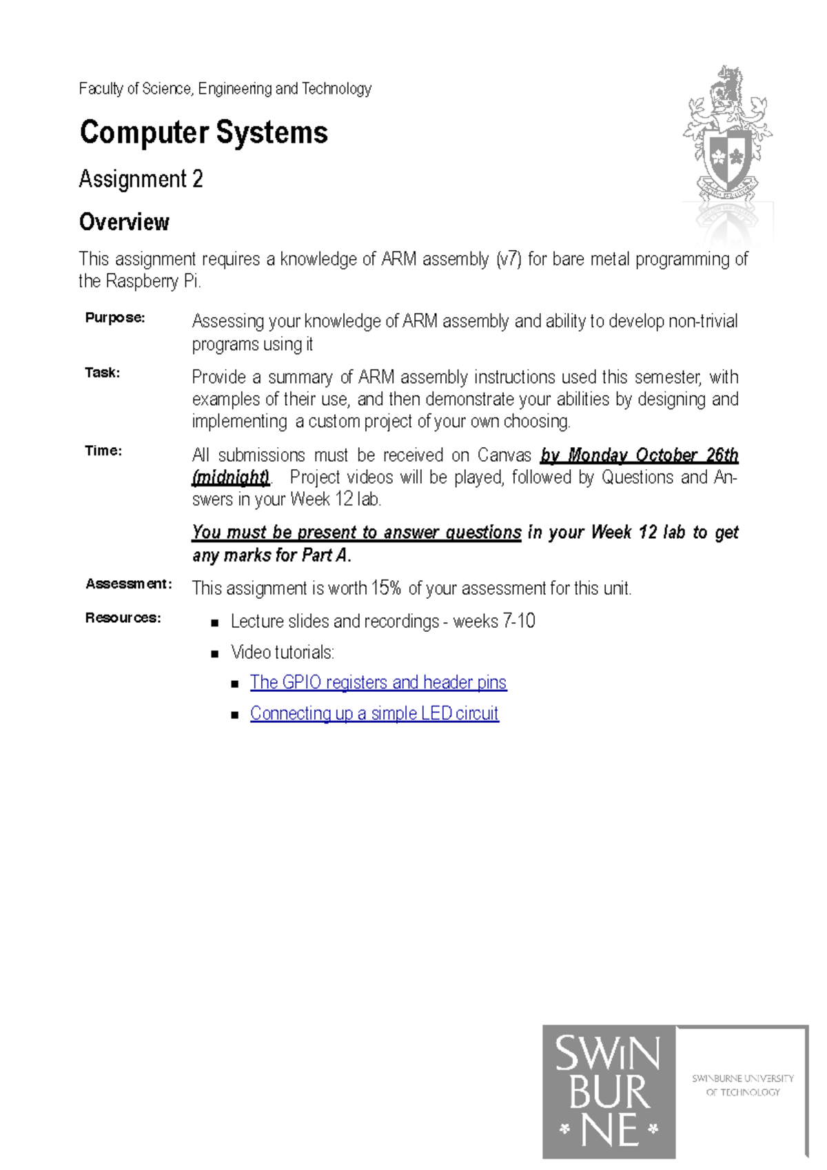 Computer Systems Assignment 2: ARM Assembly & Raspberry Pi Project ...