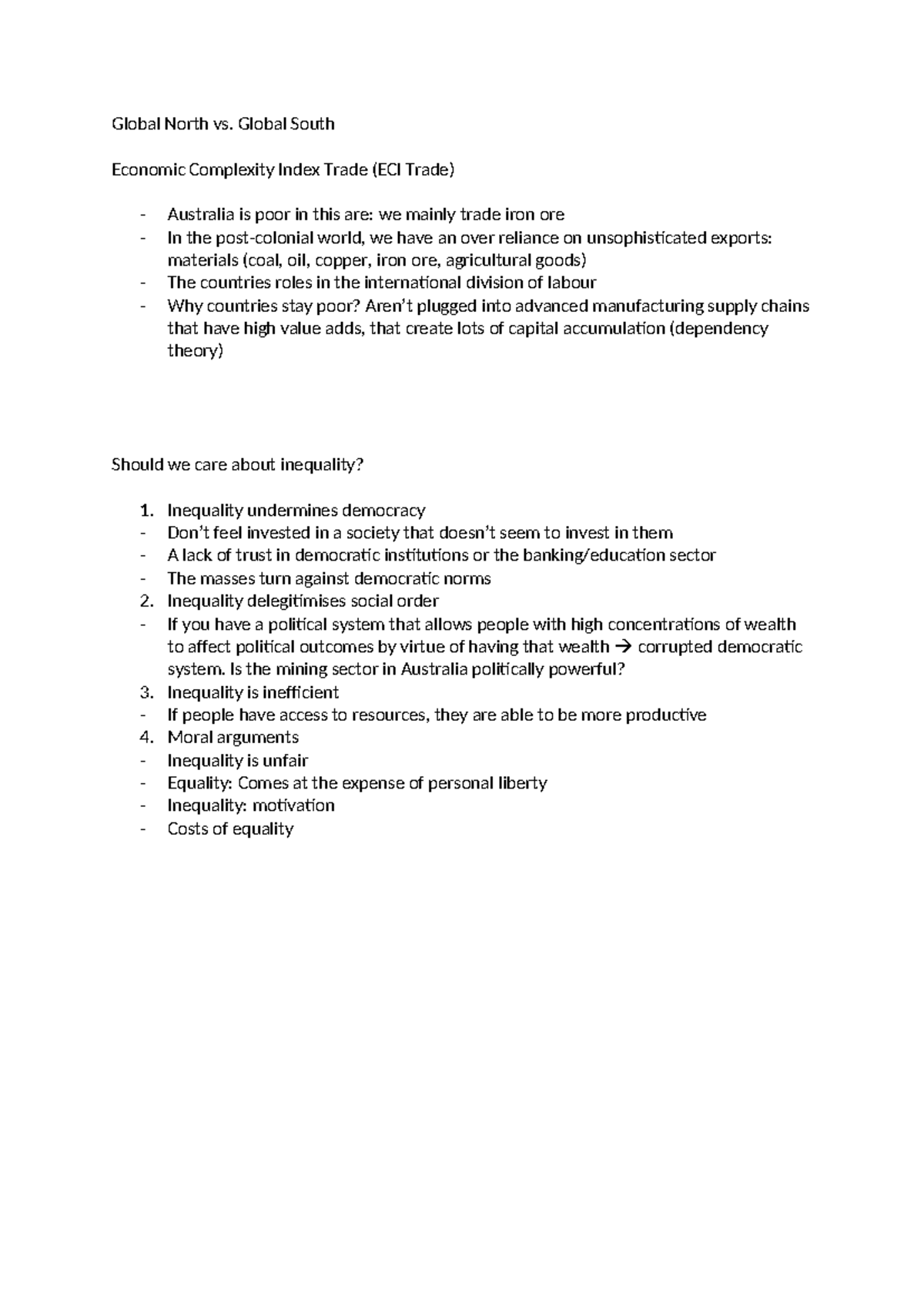 ARTS2816 lec 4 - Lecture notes - Global North vs. Global South Economic ...