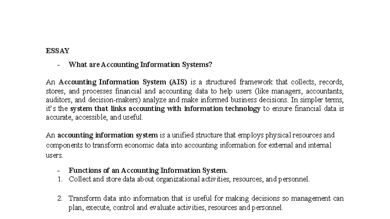 ESSAY AIS Overview: Functions, Components, and Key Terms - Studocu