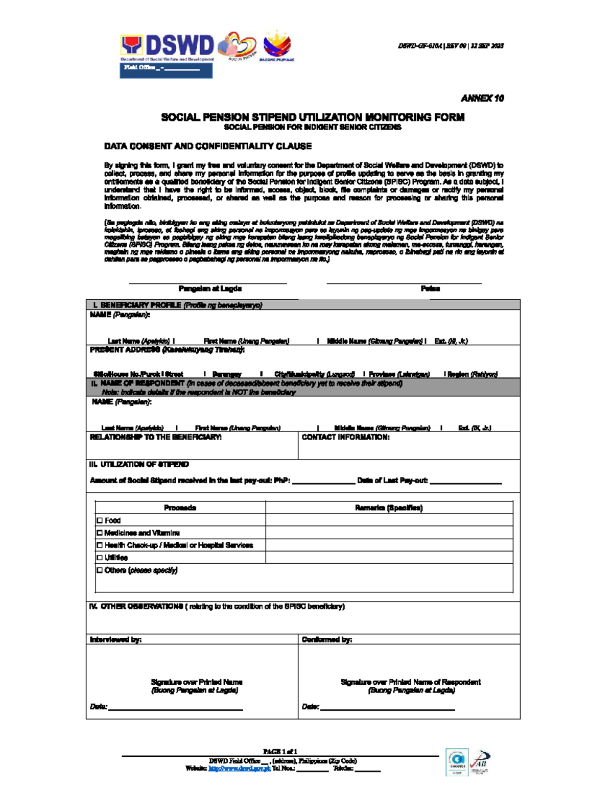 DSWD SPISC Annex 10: Social Pension Stipend Utilization Form - Studocu