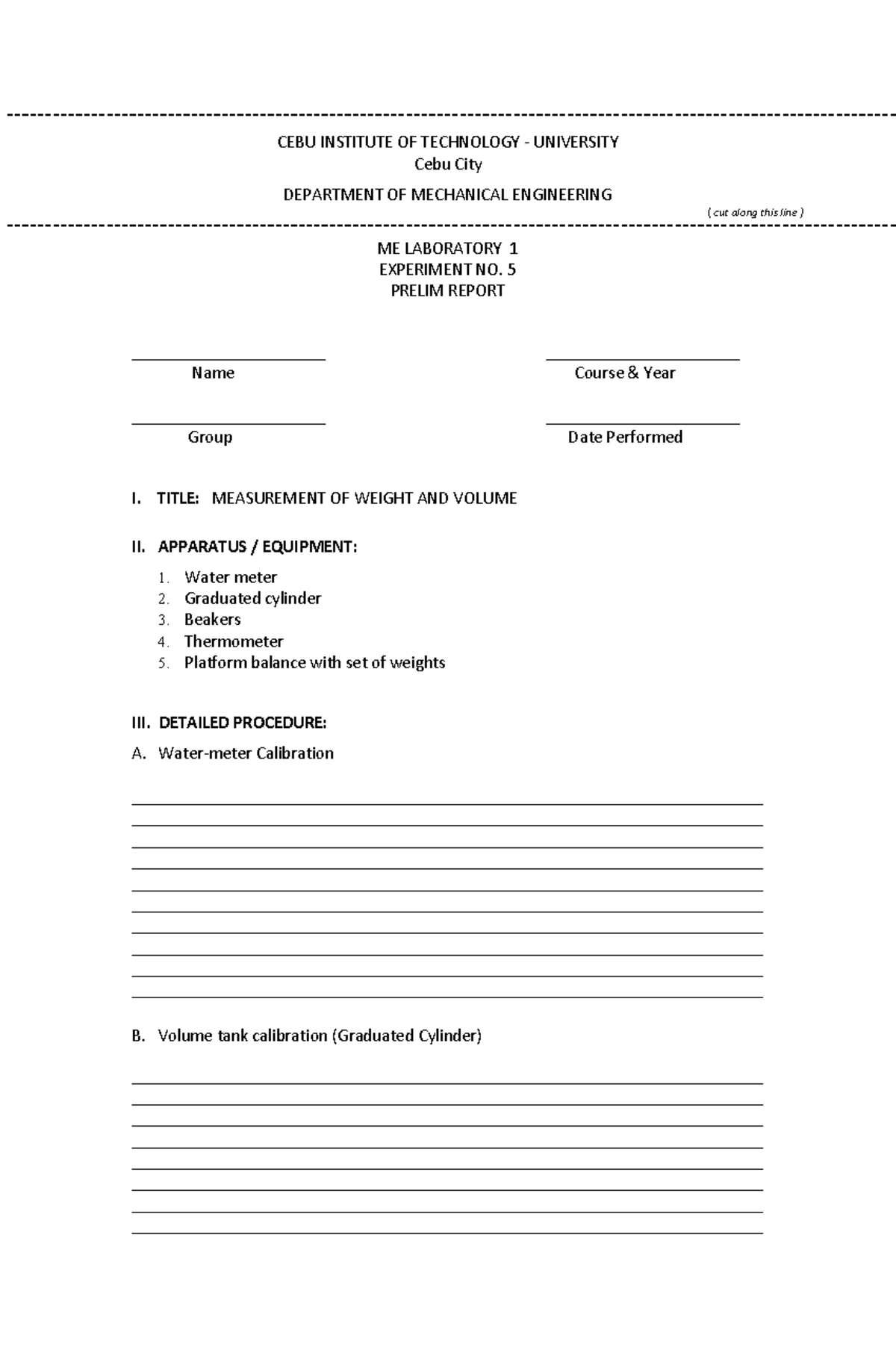ME 101 Lab 1: Experiment 5 - Weight & Volume Measurement Report - Studocu