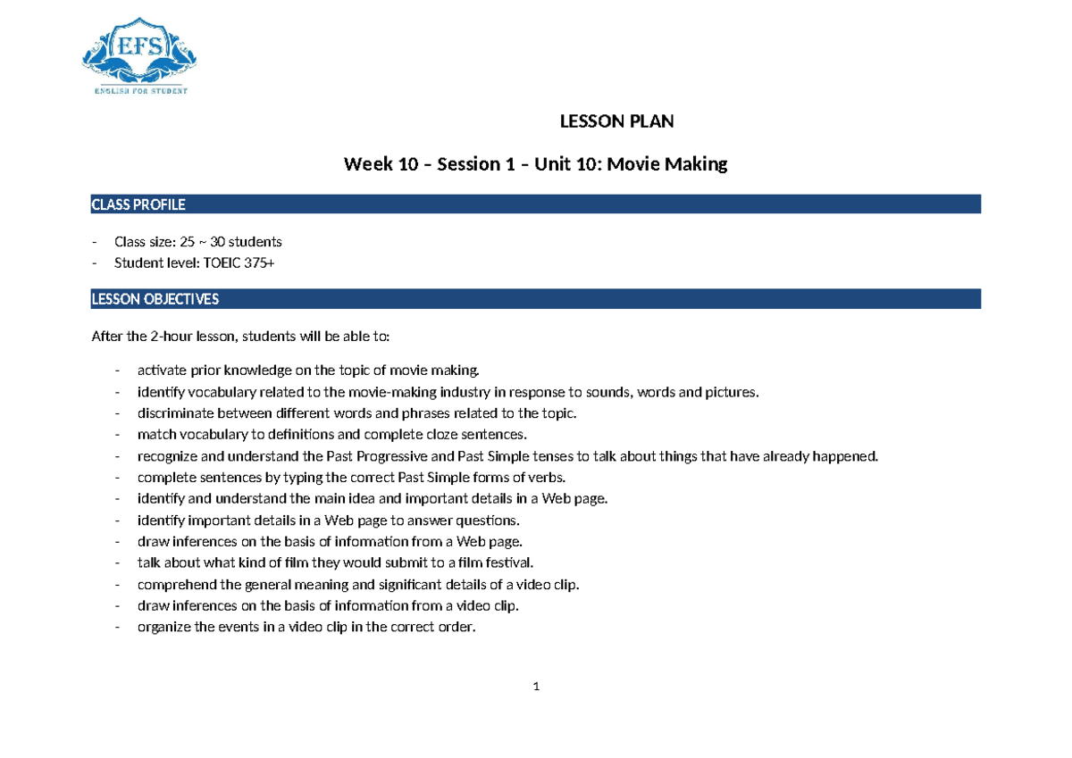 LP W10S1 - LESSON PLAN Week 10 – Session 1 – Unit 10 : Movie Making ...