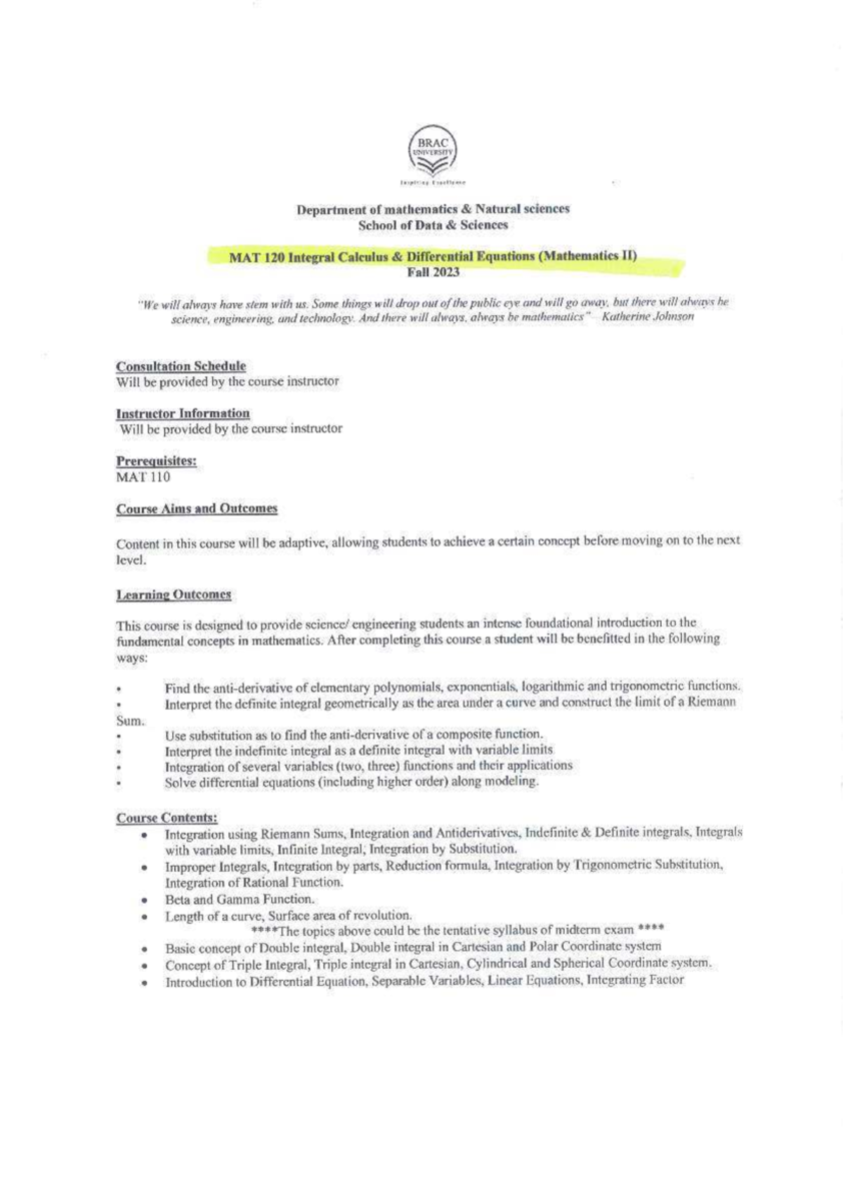 MAT 120 - Integral Calculus & Differential Equations Course Outline ...