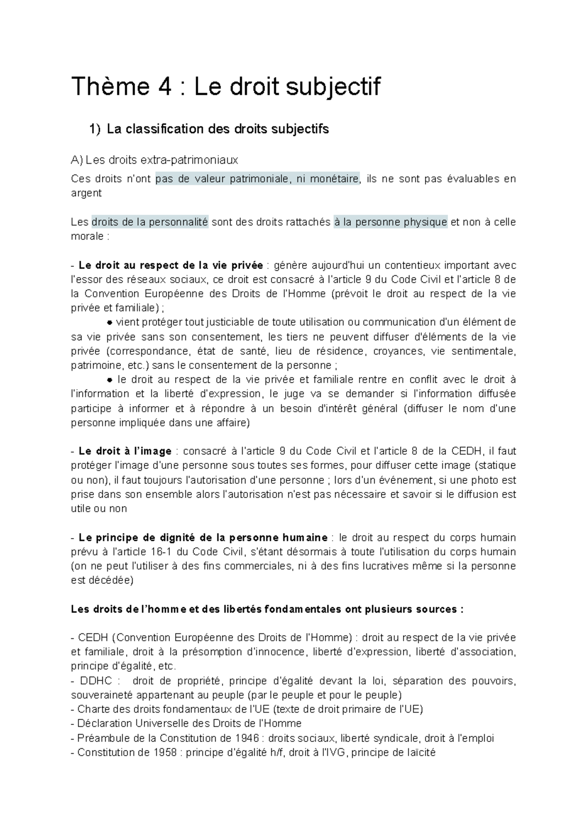 Thème 4 : Droit Subjectif et Classification des Droits Privés - Studocu