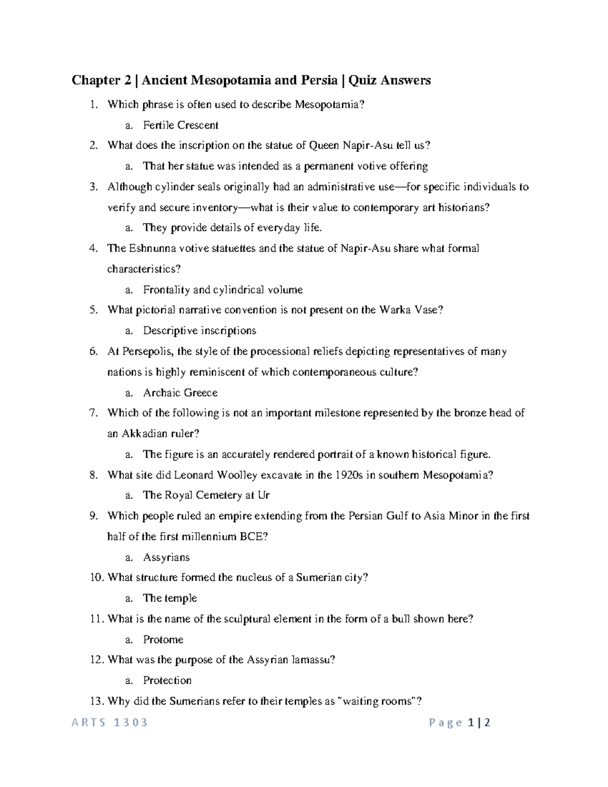 ART 1303 Quiz on Ancient Mesopotamia & Persia - Chapter 2 Answers - Studocu