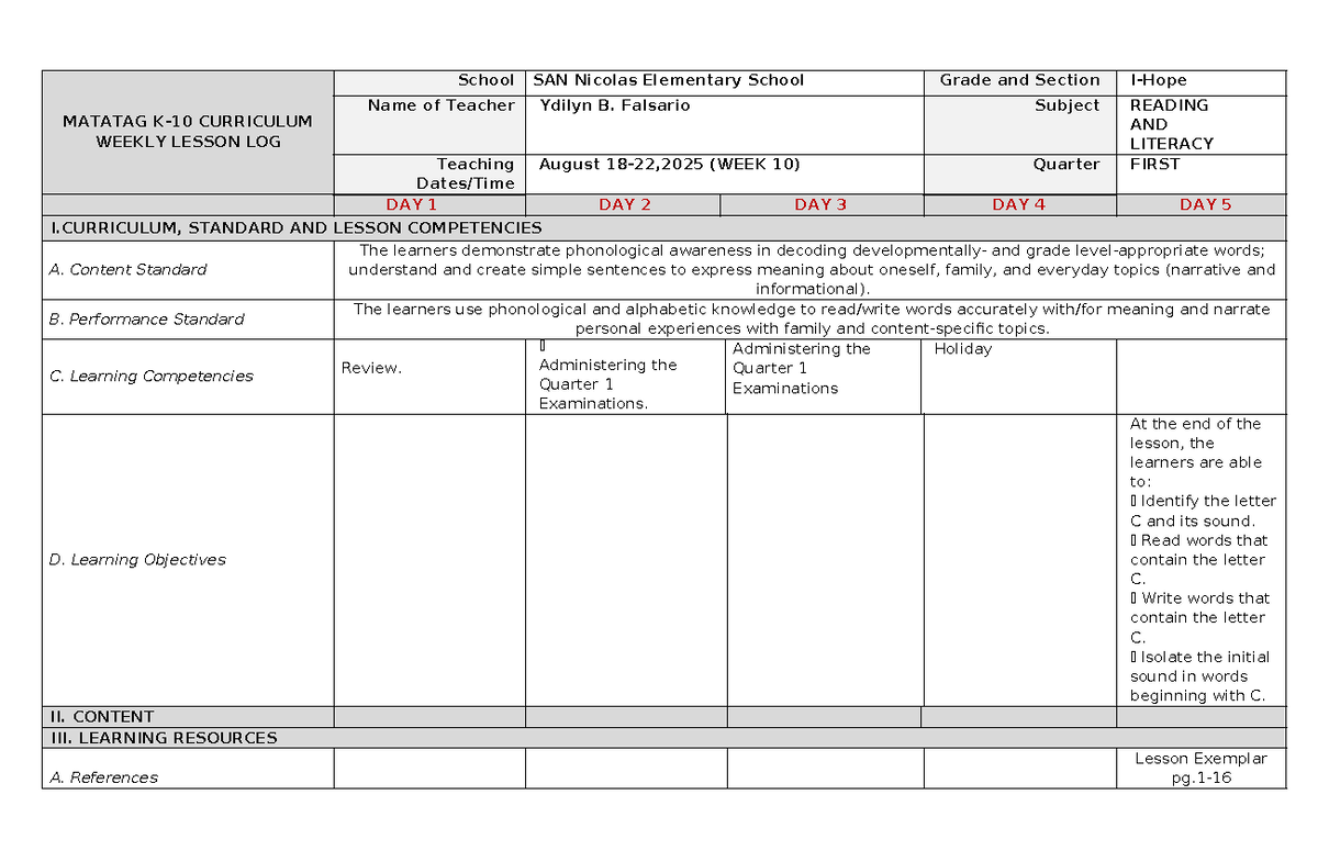 Weekly Lesson Log: Reading & Literacy (W10) - Grade 1 - Studocu