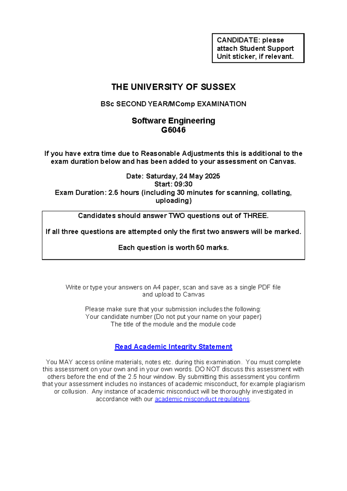 G6046 Software Engineering Final Exam Paper - May 2025 - Studocu