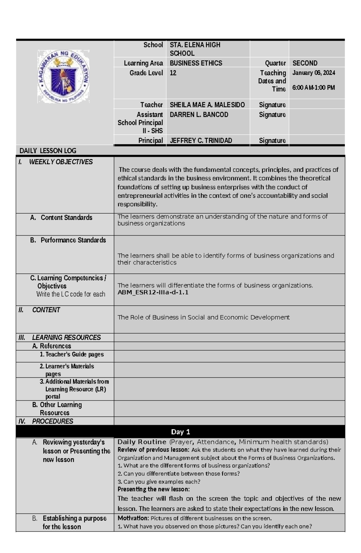 Business Ethics DLL - School STA. ELENA HIGH SCHOOL Learning Area ...