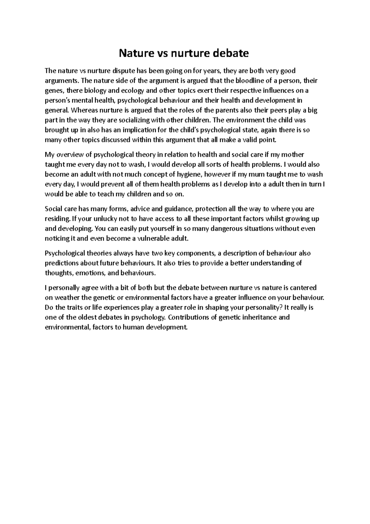 Nature vs Nurture Debate: Influence on Health & Social Care - Studocu