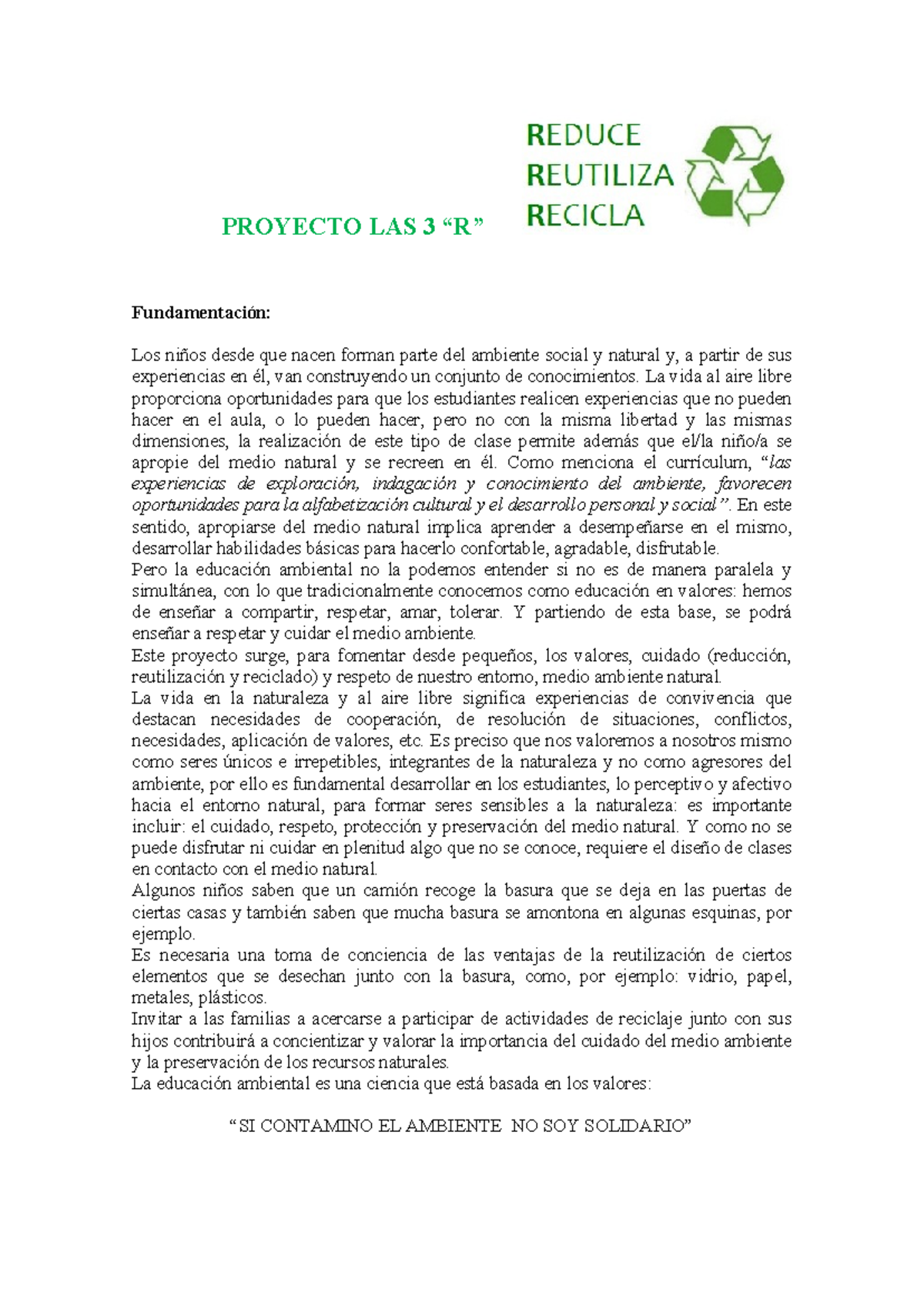 Proyecto LAS 3R: Fomento de Valores y Cuidado Ambiental Infantil - Studocu
