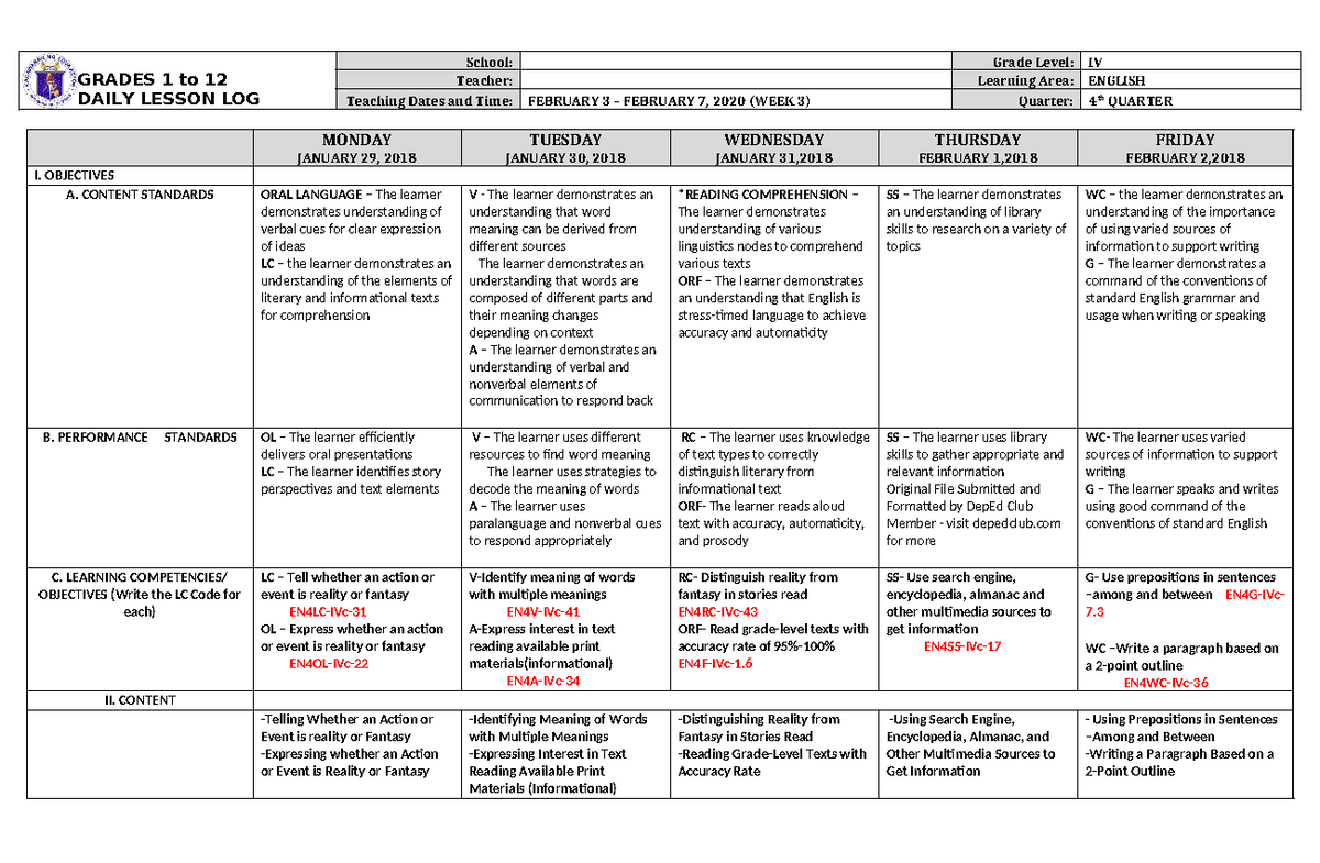 DLL English 4 Q4 W3 - Daily Lesson Log, Week 3 Overview - Studocu