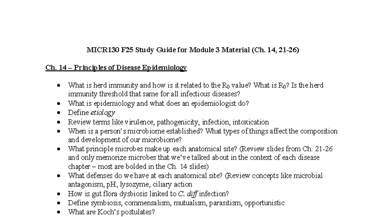 MICR130 F25 Study Guide for Microbial Diseases (Ch. 21-26) - Studocu