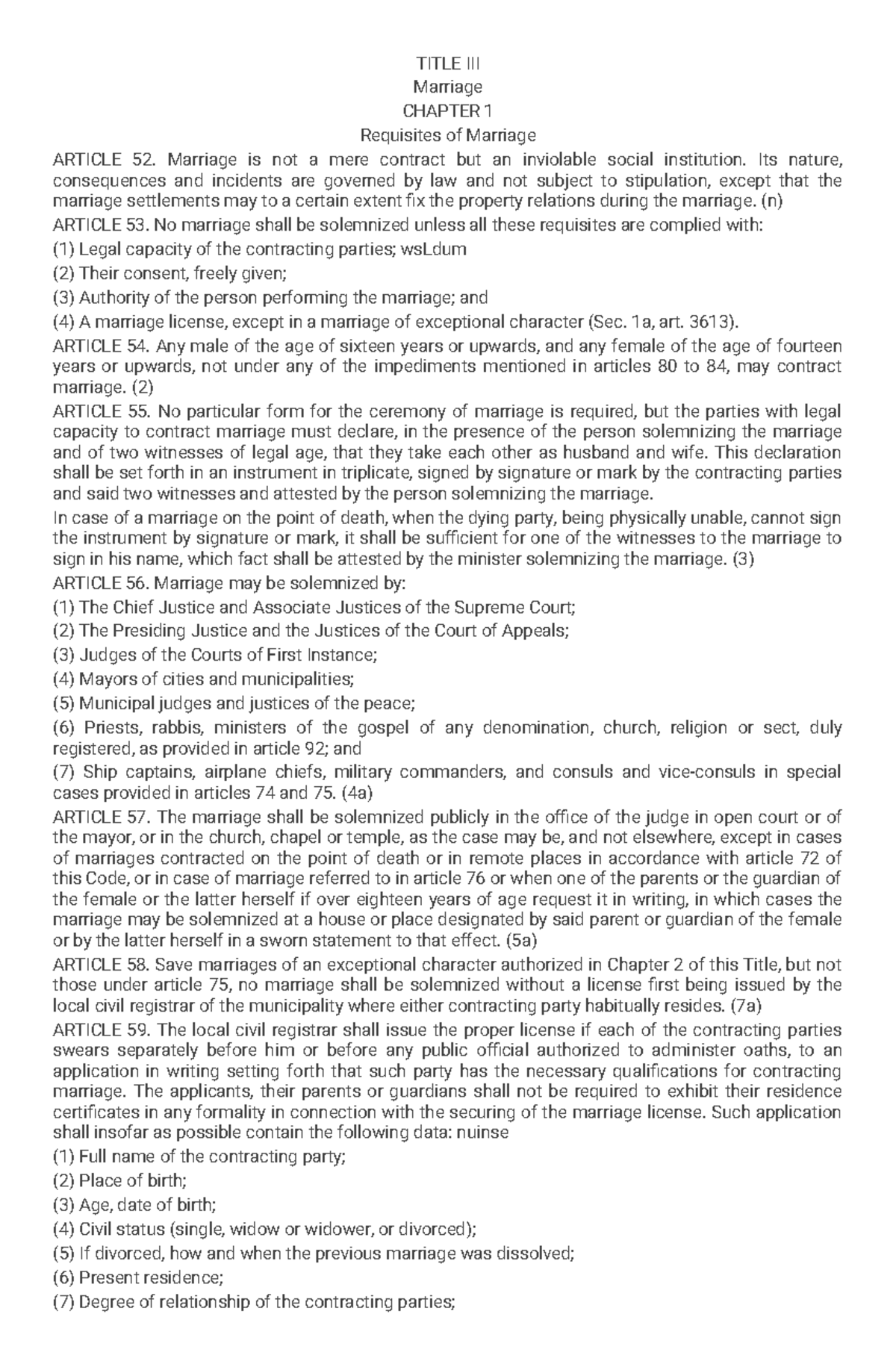 Assignment research the civil code - TITLE III Marriage CHAPTER 1 ...