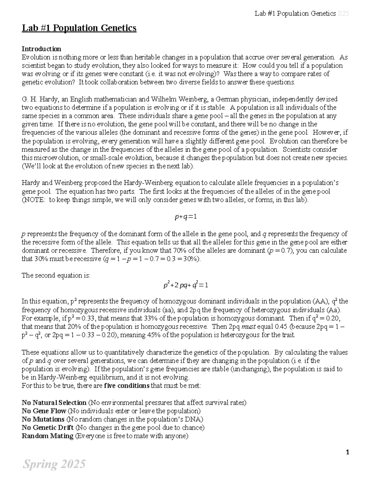 Lab #1: Exploring Population Genetics and Hardy-Weinberg Equilibrium ...