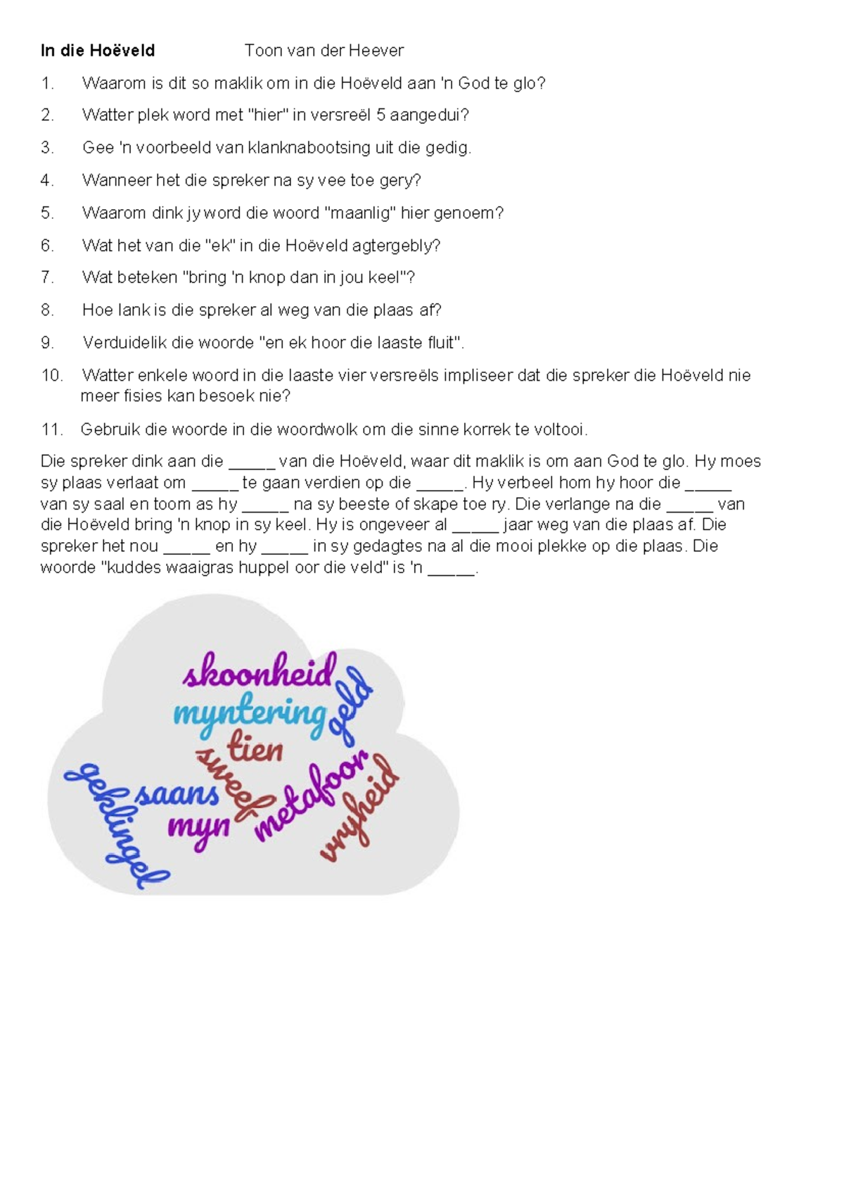 In die Hoëveld: Poëzie Analise en Vraestelle (Afrikaans FAL) - Studocu