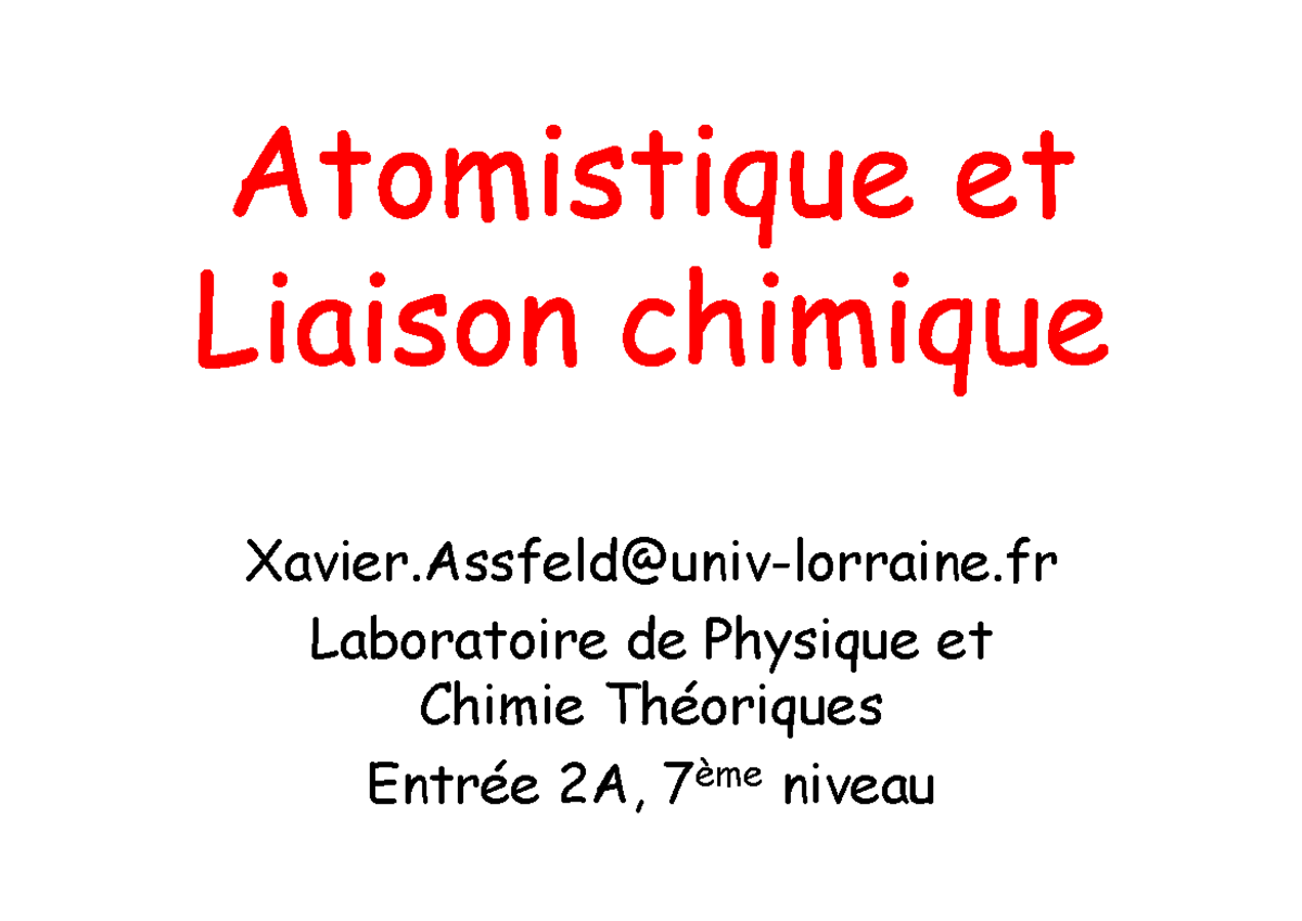 Cours Atomistique L1SV : Structure Électronique et Molécules - Studocu