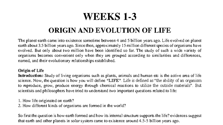 BIO 101 - Origin and Evolution of Life: Lecture Notes (Weeks 1-3) - Studocu