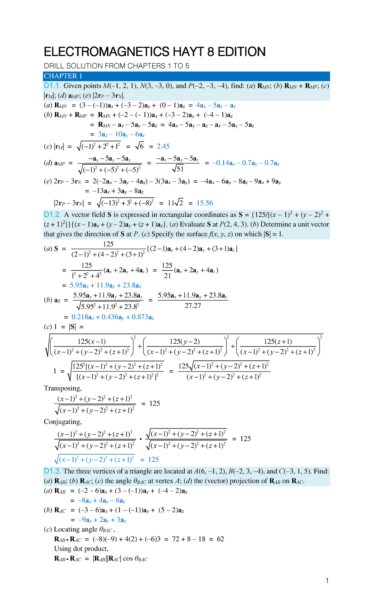 Engineering Electromagnetics 9th Edition Drill Solutions for Chapters 1 ...