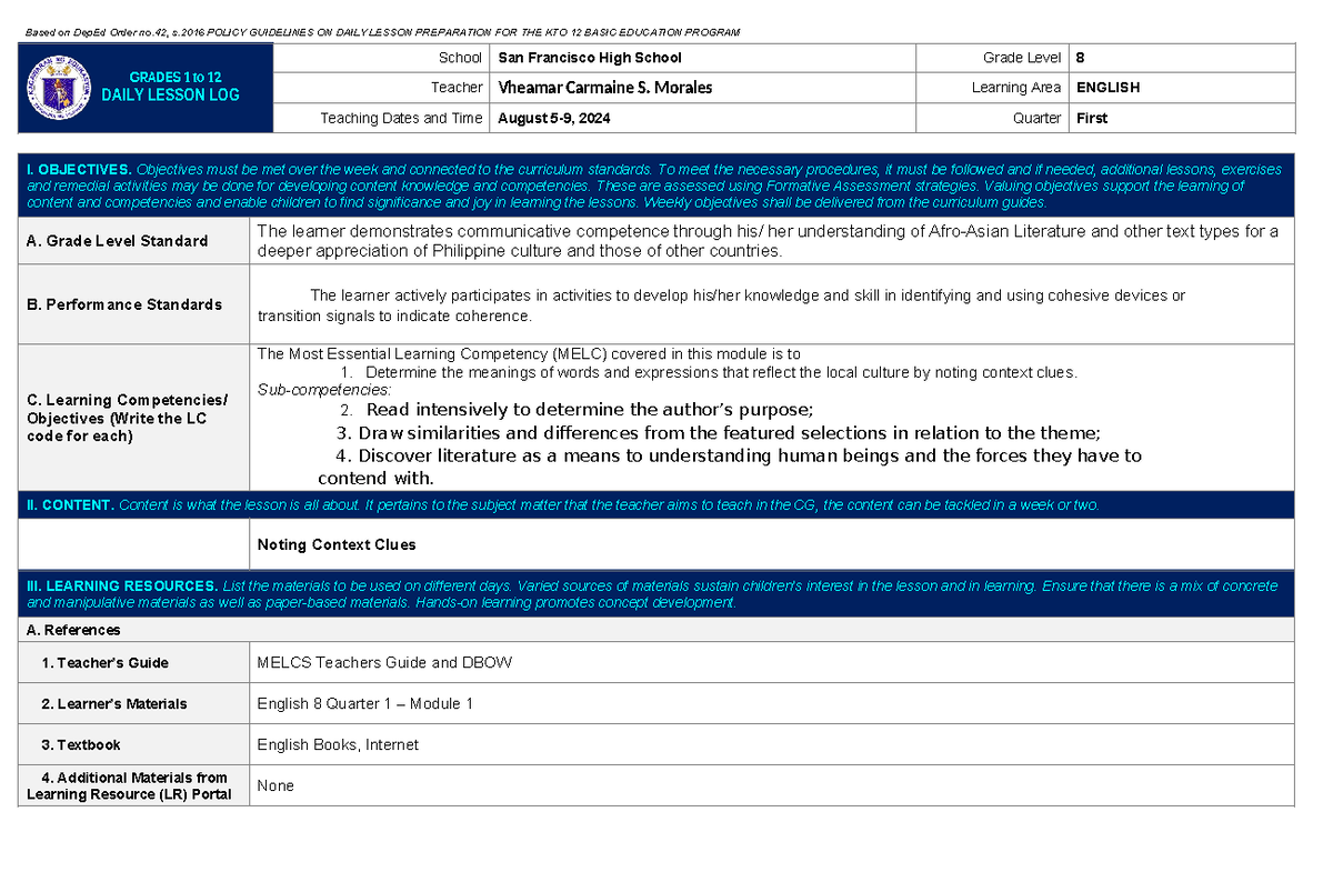 English 8 Q1 Module 1 DLL 2024 2025 Morales - Based on DepEd Order no ...
