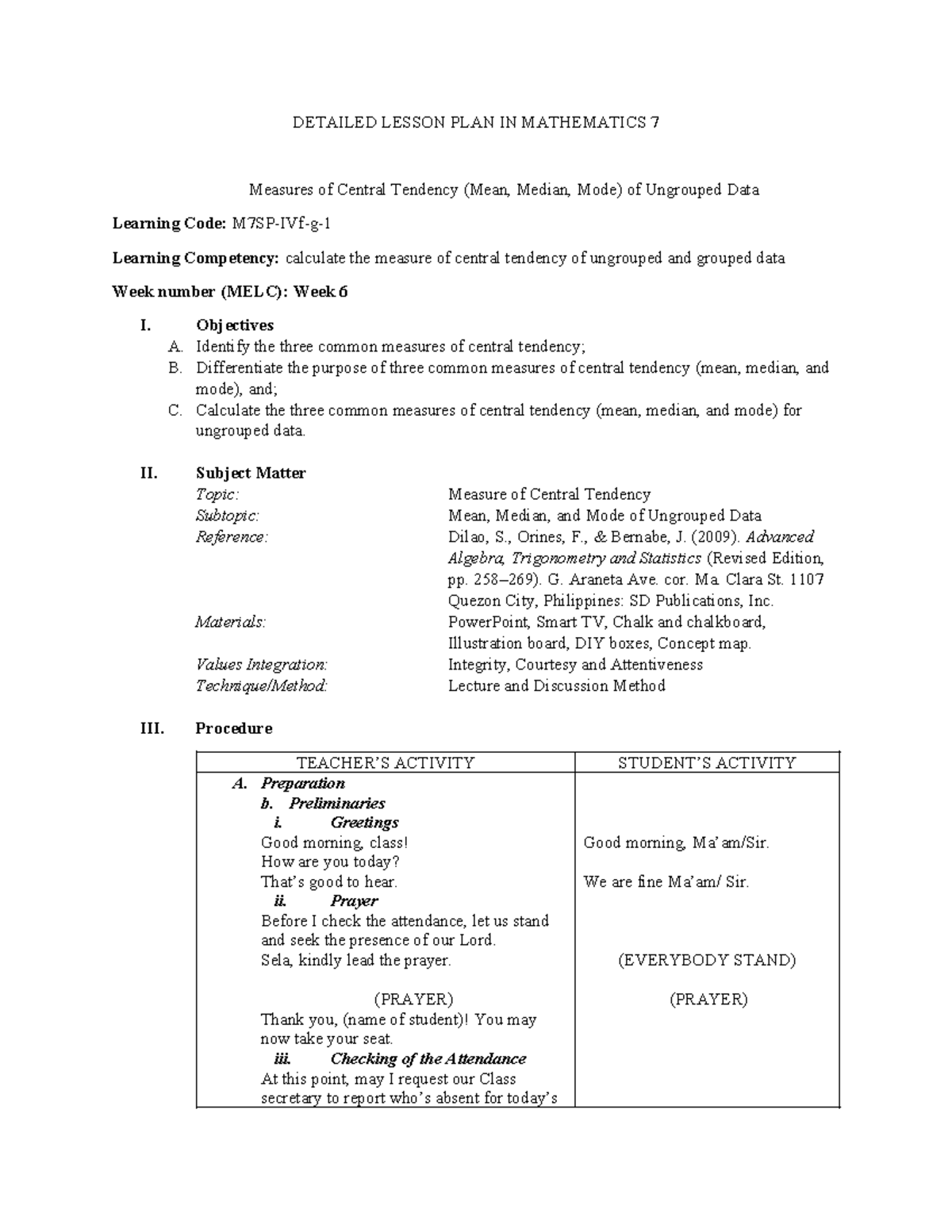 Detailed Lesson Plan on Measures of Central Tendency (M7) - Studocu