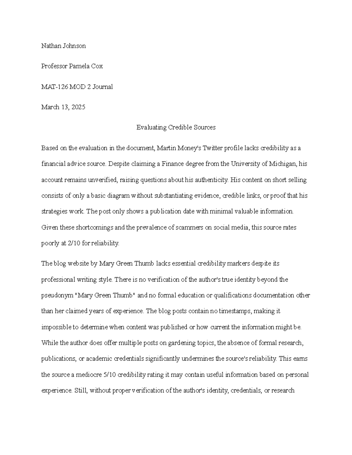 MAT 126 MOD 2 Journal - Nathan Johnson Professor Pamela Cox MAT-126 MOD ...