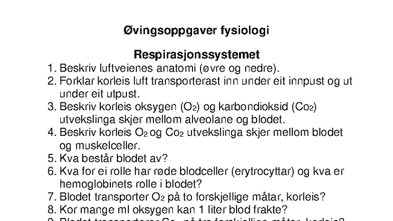 Øvingsoppgaver Fysiologi og Muskelfysiologi - Respirasjonssystemet ...
