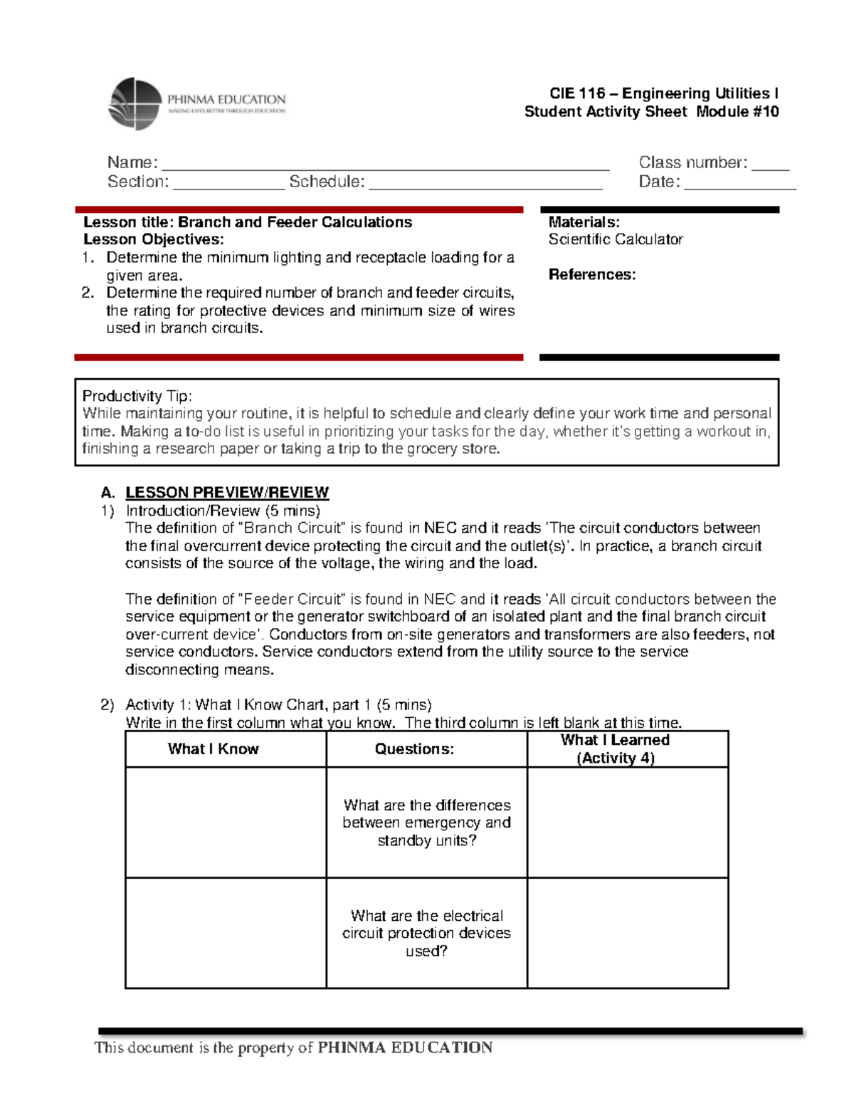 CIE 116 Engineering Utilities I: Branch & Feeder Calculations Lesson - Studocu