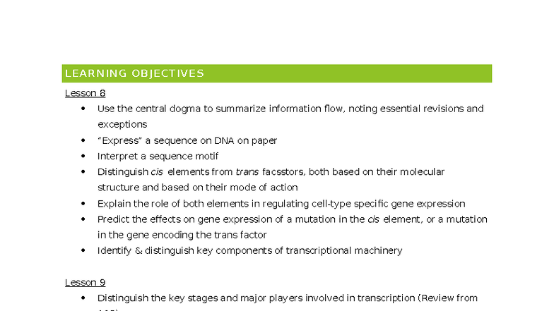 BIOL220 Unit 2 Learning Objectives: Central Dogma & Gene Regulation ...