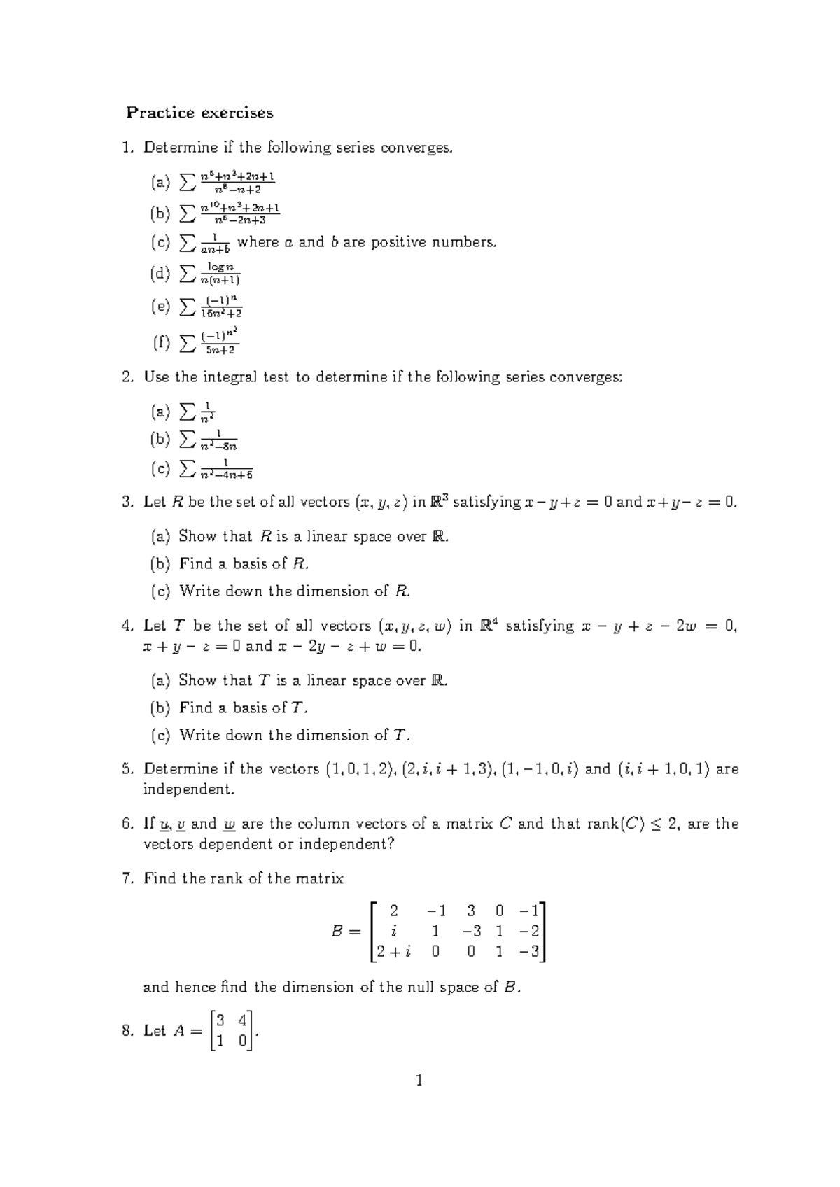 Practice Exercises on Series Convergence and Linear Spaces (Math 101 ...
