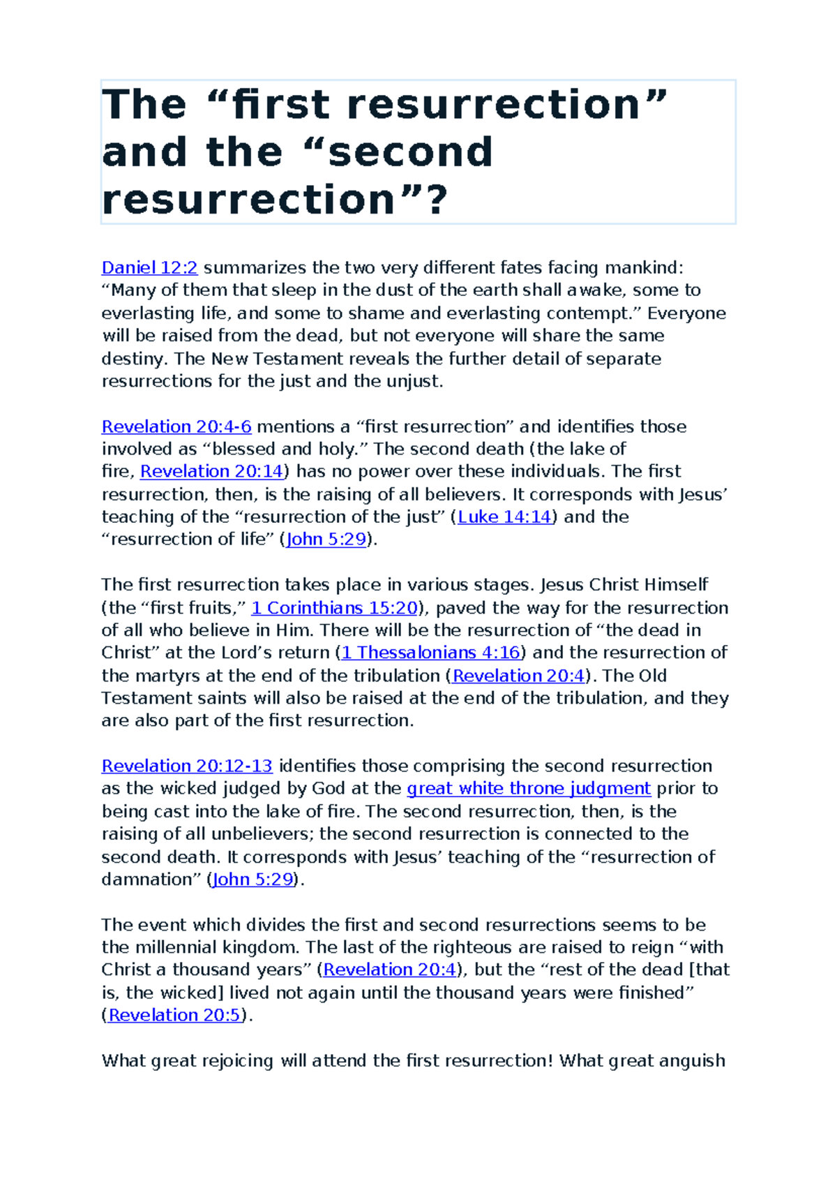 First and Second Resurrection: A Biblical Overview - Studocu