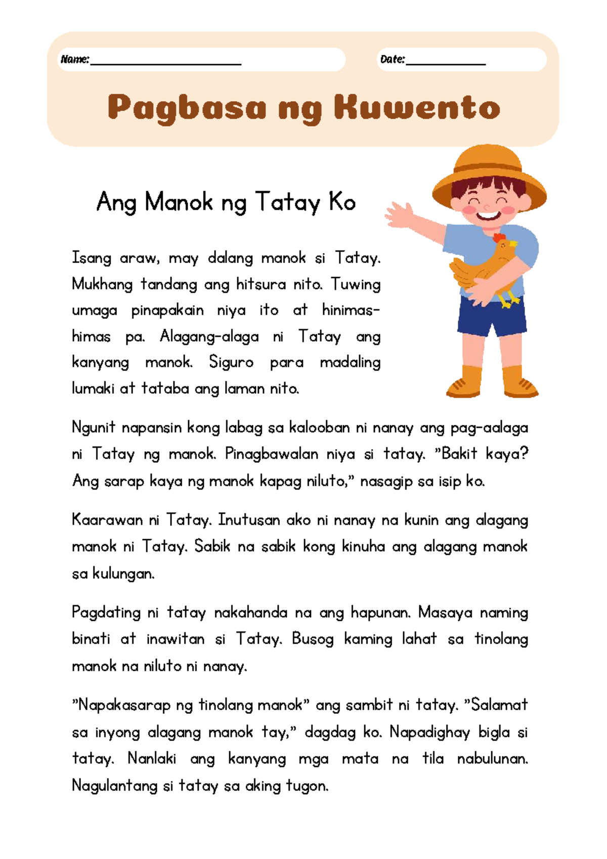 Filipino Story Reading Comprehension: Ang Manok ng Tatay Ko - Studocu