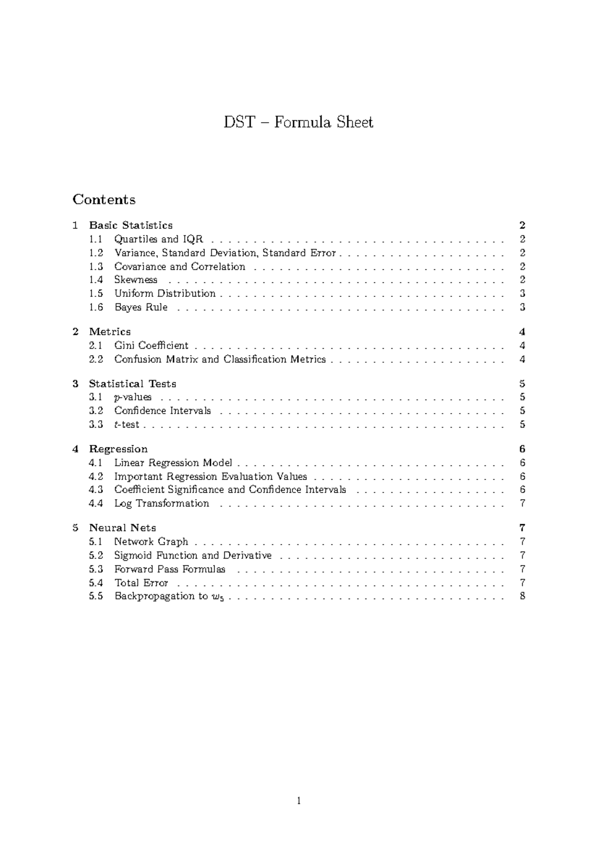 DST Formula Sheet: Key Concepts in Statistics and Neural Networks - Studocu