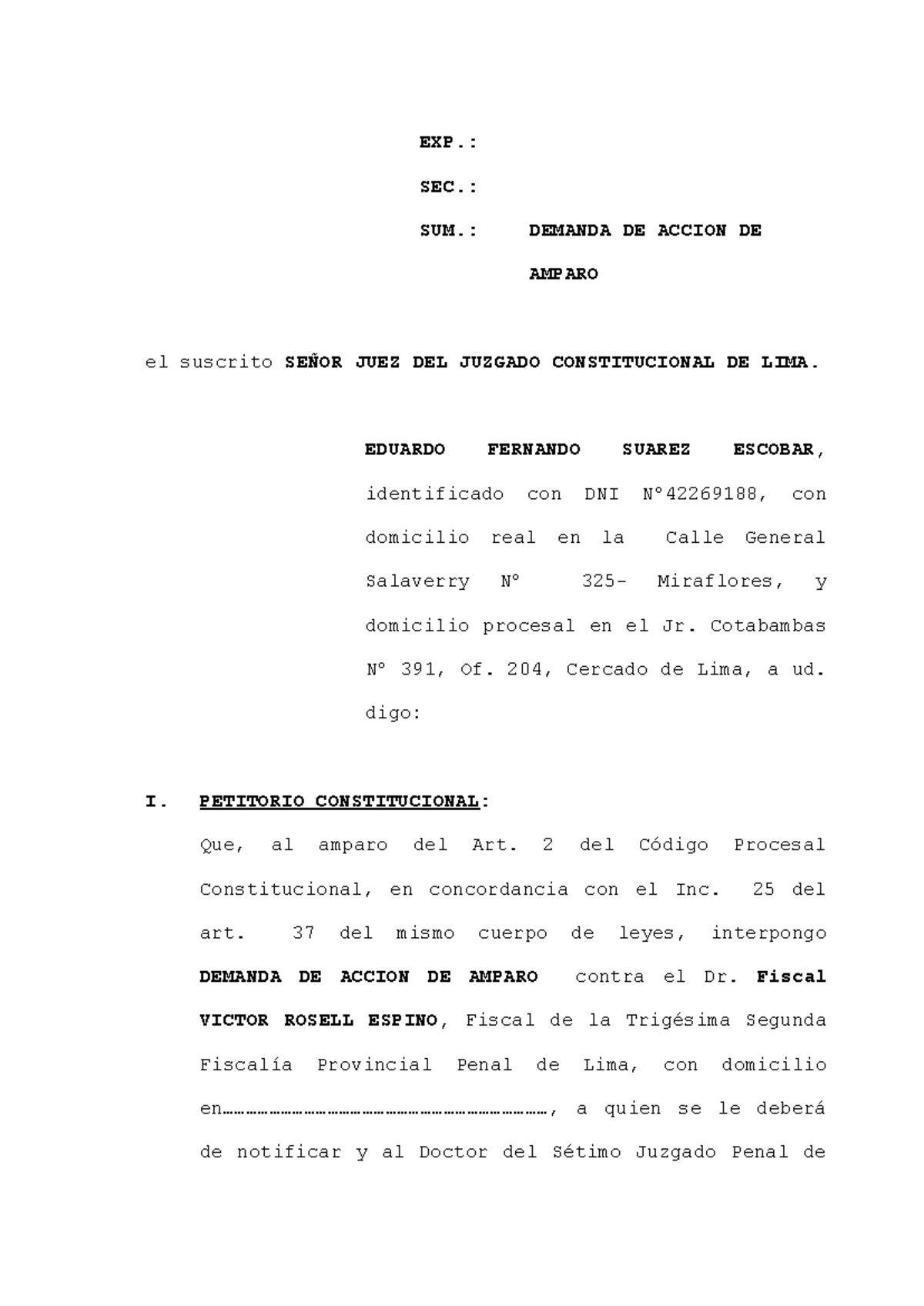 Demanda de Acción de Amparo - Exp. Nº 3412010, Juzgado Constitucional ...
