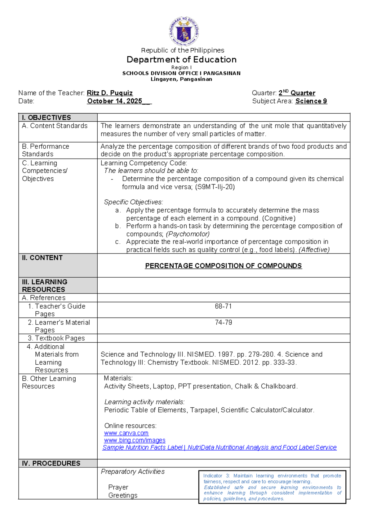 Science 9: Final Exam on Percentage Composition of Compounds - Studocu